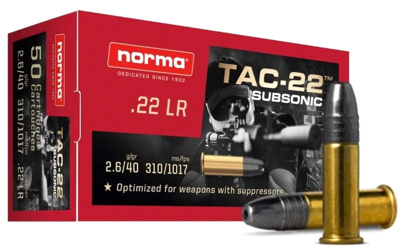 Norma USA Ammo, 22LR 40 Grain, Tac-22 Sub Sonic LHP, 50 Rounds