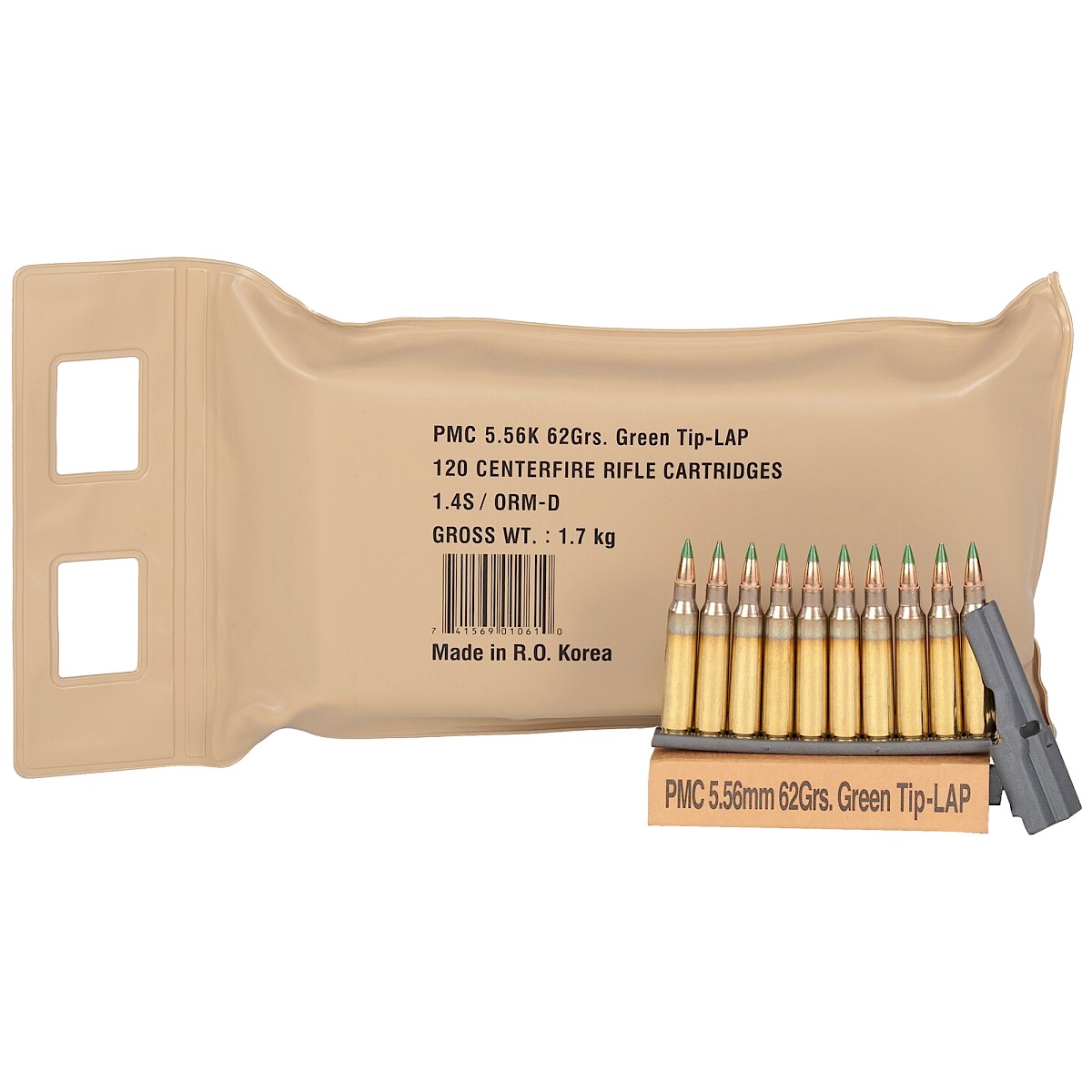 PMC Ammo, 5.56 NATO 62 Grain Green Tip, 120 Round Battle Pack